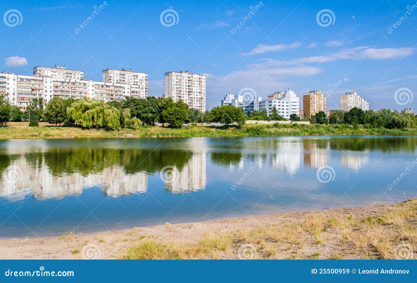 Residential Buildings Over a Lake Stock Image - Image of pond, kiev ...