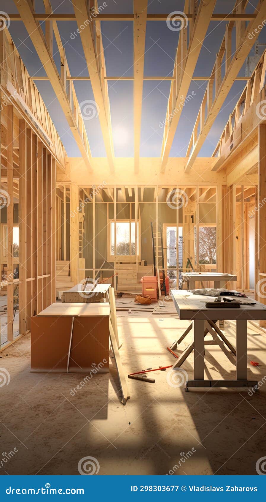 Residential Construction Site Highlighting Interior Framing Work Stock ...