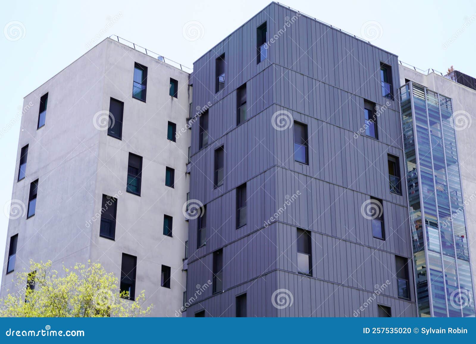 Residential Facade Grey High Building on Blue Cloud Sky Background ...