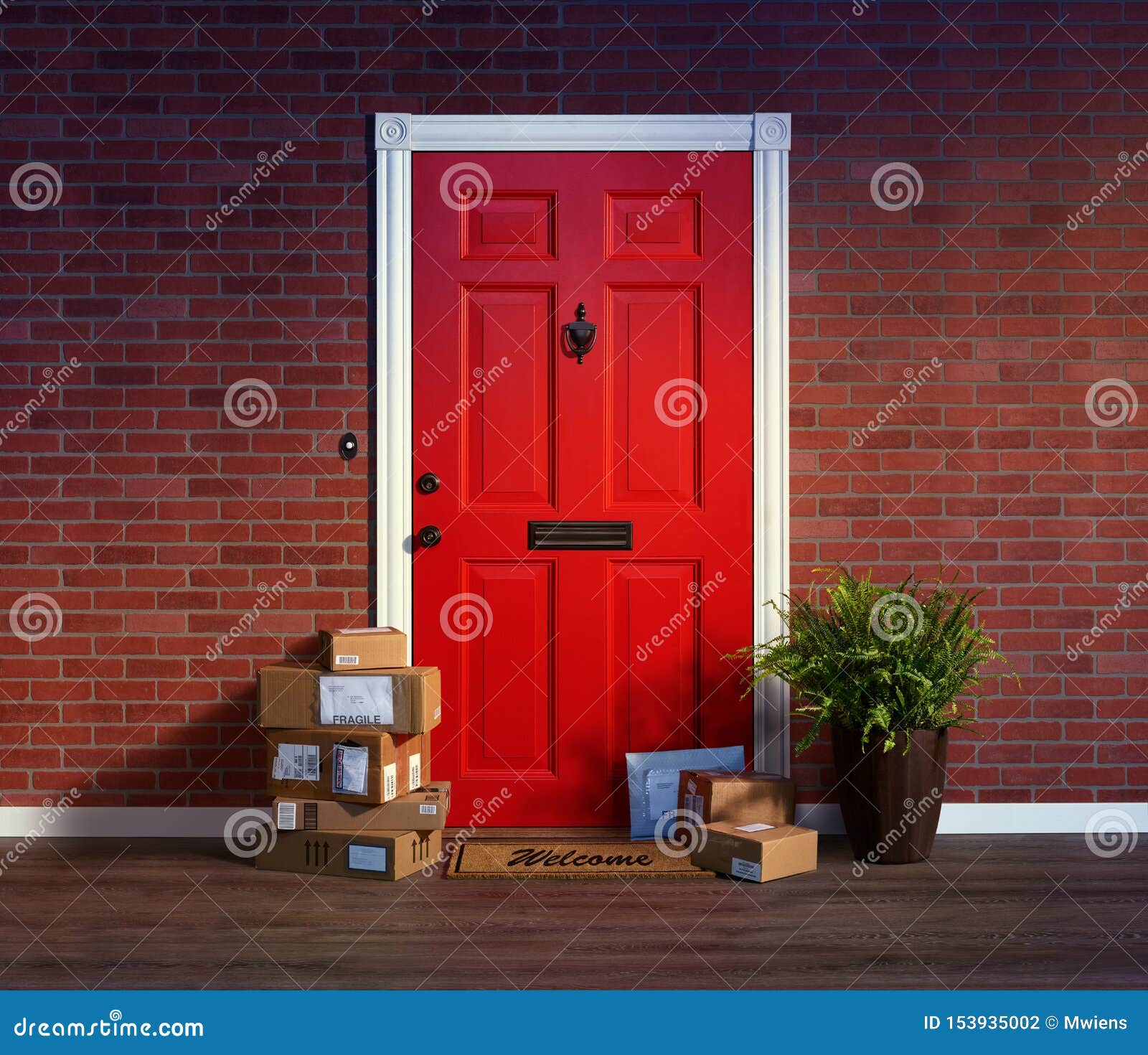 Residential Front Door with Stacks of Boxes from Online Purchases Stock ...