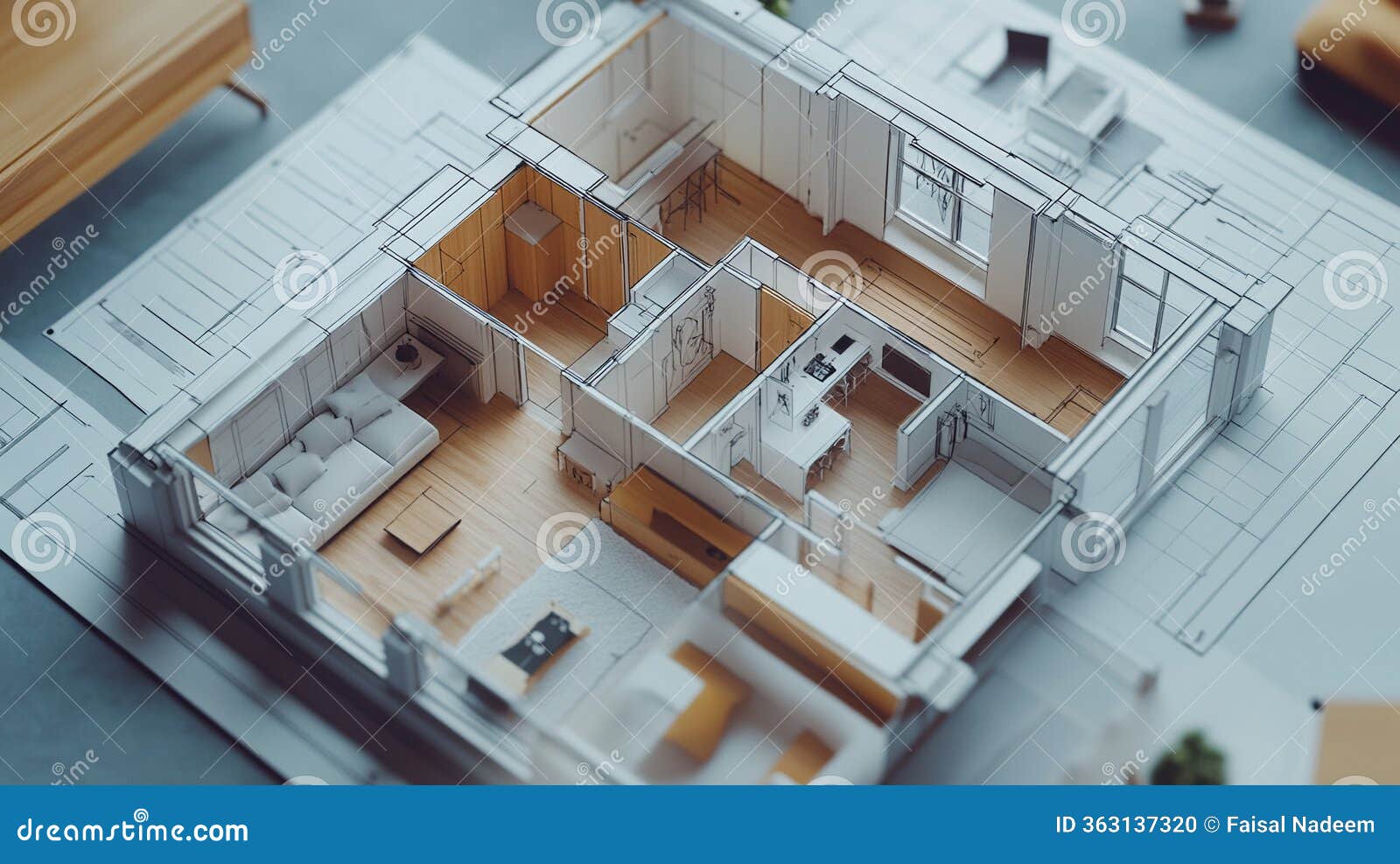 Residential Housing Blueprint with Interior Design Elements and Three ...