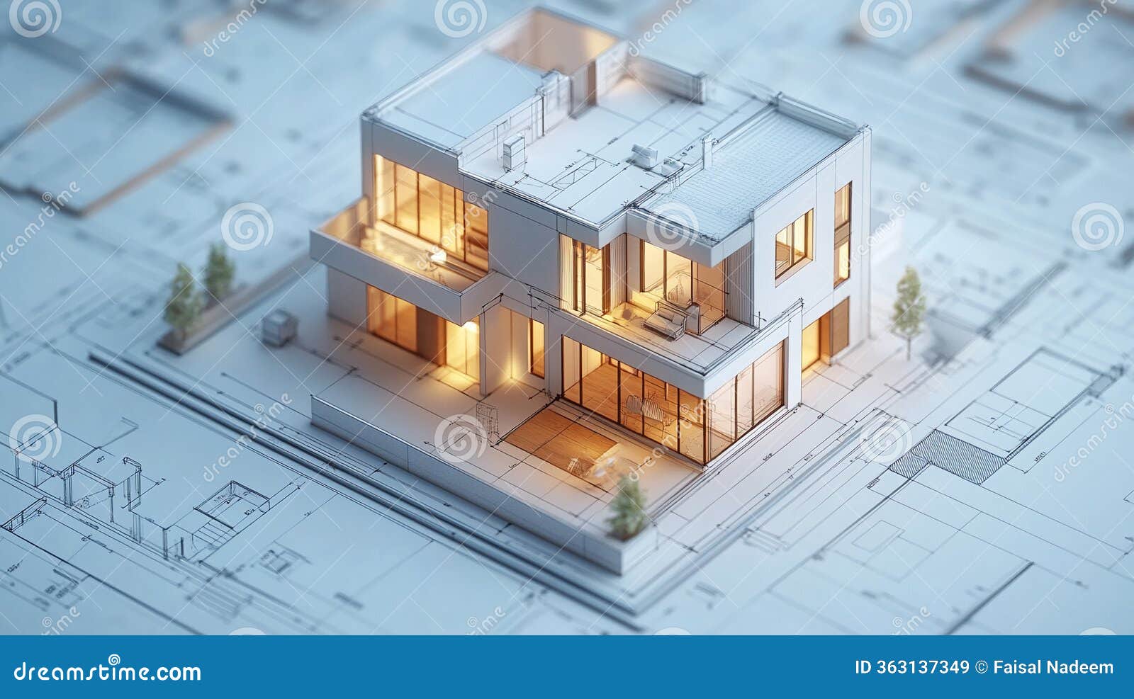 Residential Housing Blueprint with Interior Design Elements and Three ...