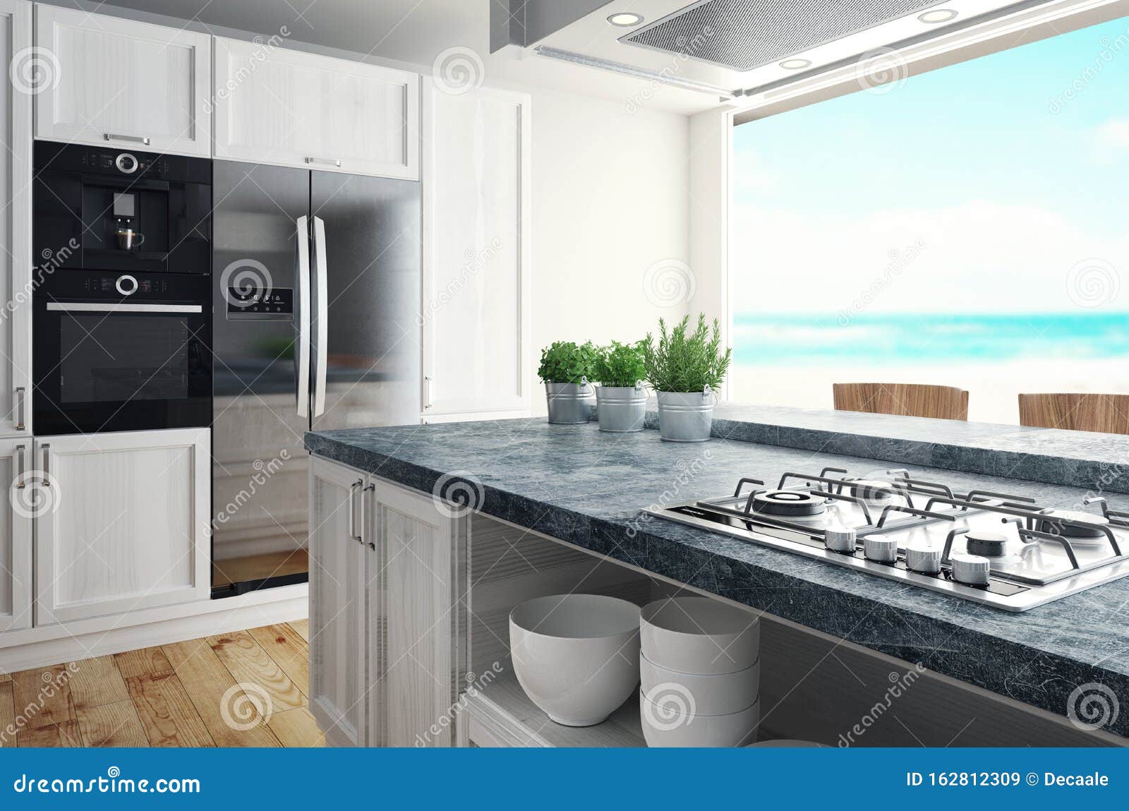 Residential Interior of Modern Kitchen in Luxury Mansion, 3d Rendering ...