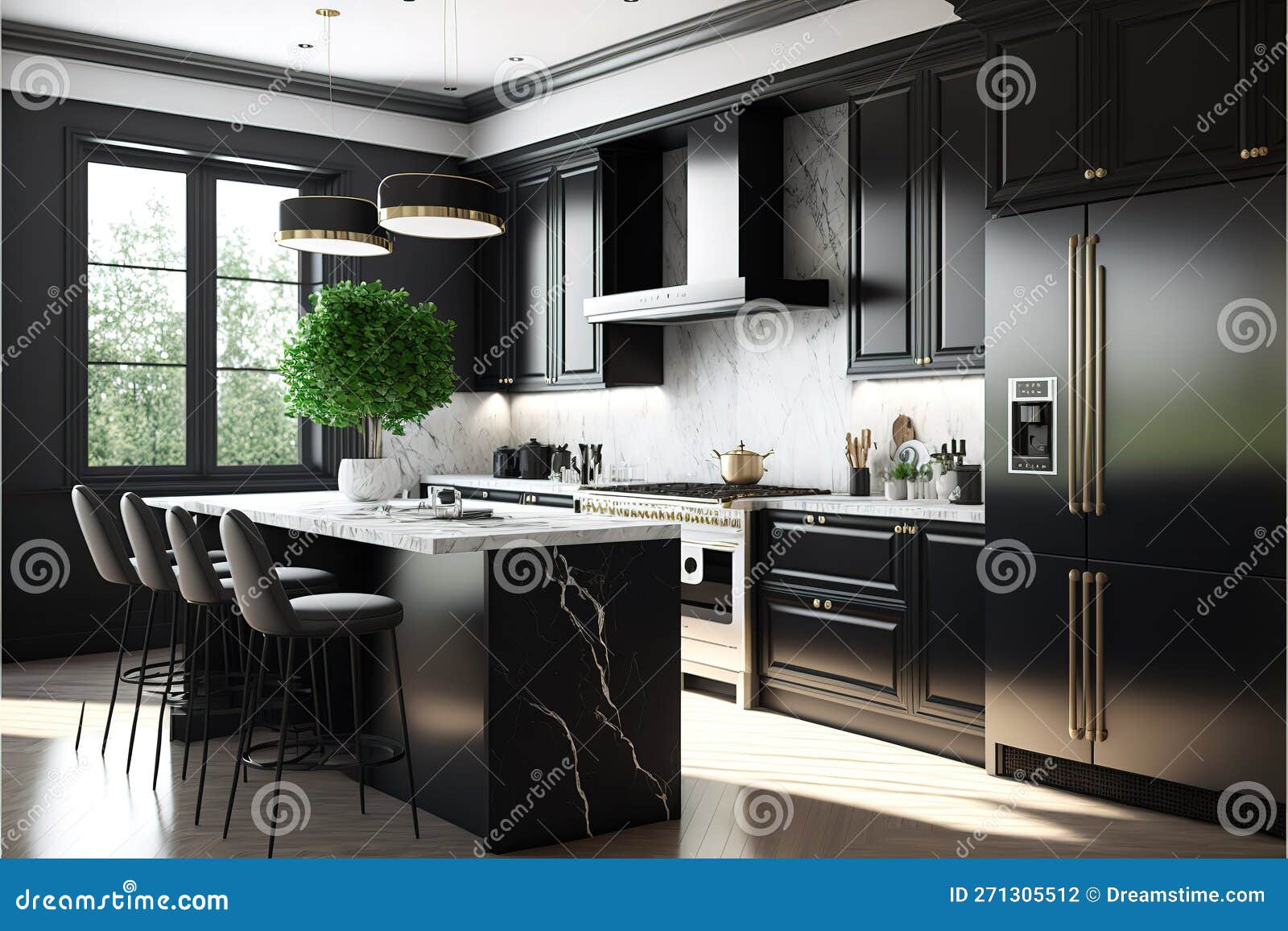 Residential Interior of Modern Kitchen in Luxury Mansion, 3d Rendering ...