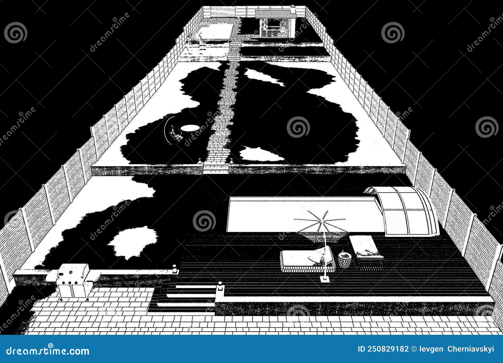 Residential Pool Deck with Complete Back Yard Landscaping, 3D Sketch in ...