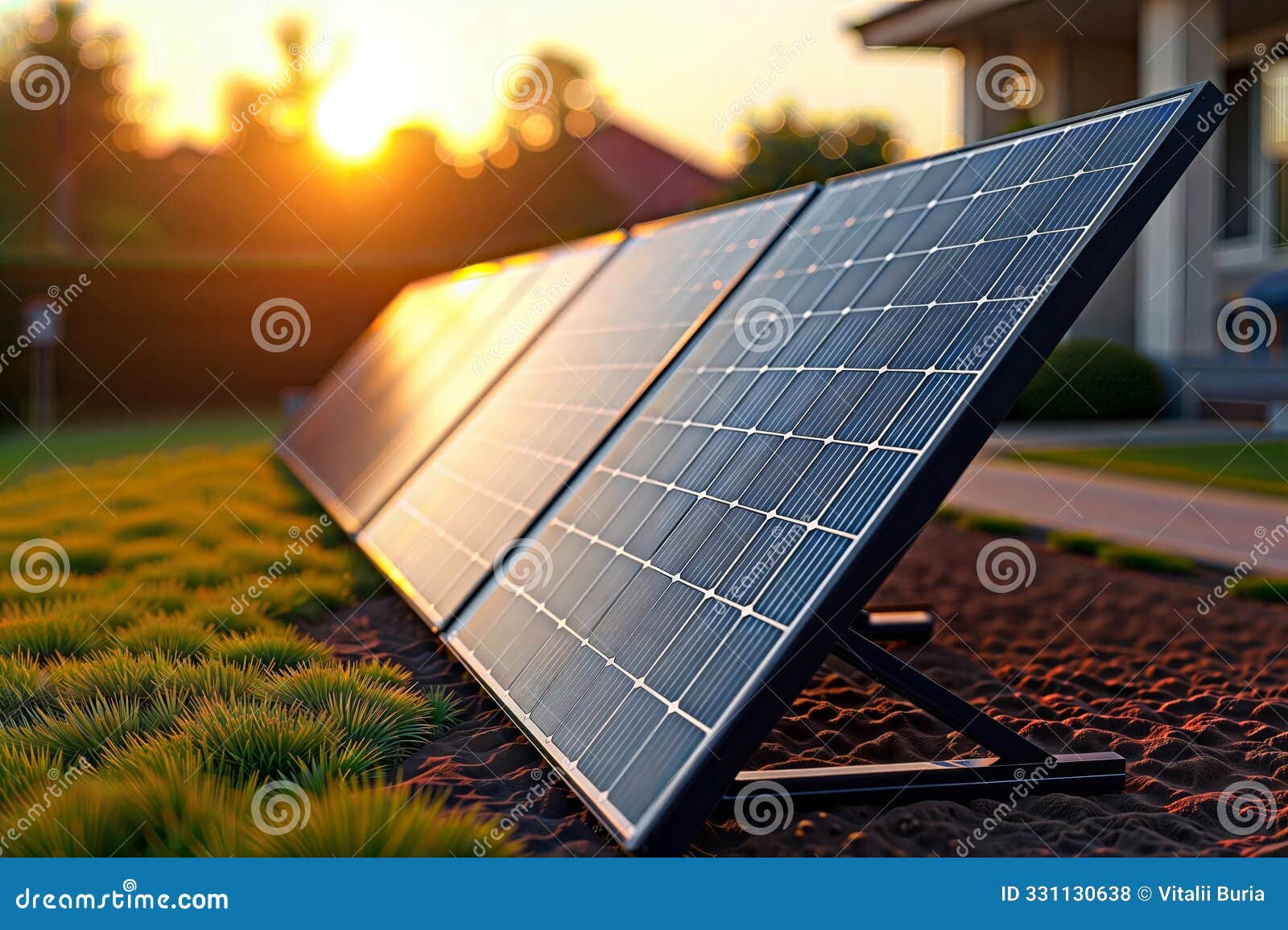 Sunset Over Residential Solar Panels in Backyard, Generative Ai Stock ...