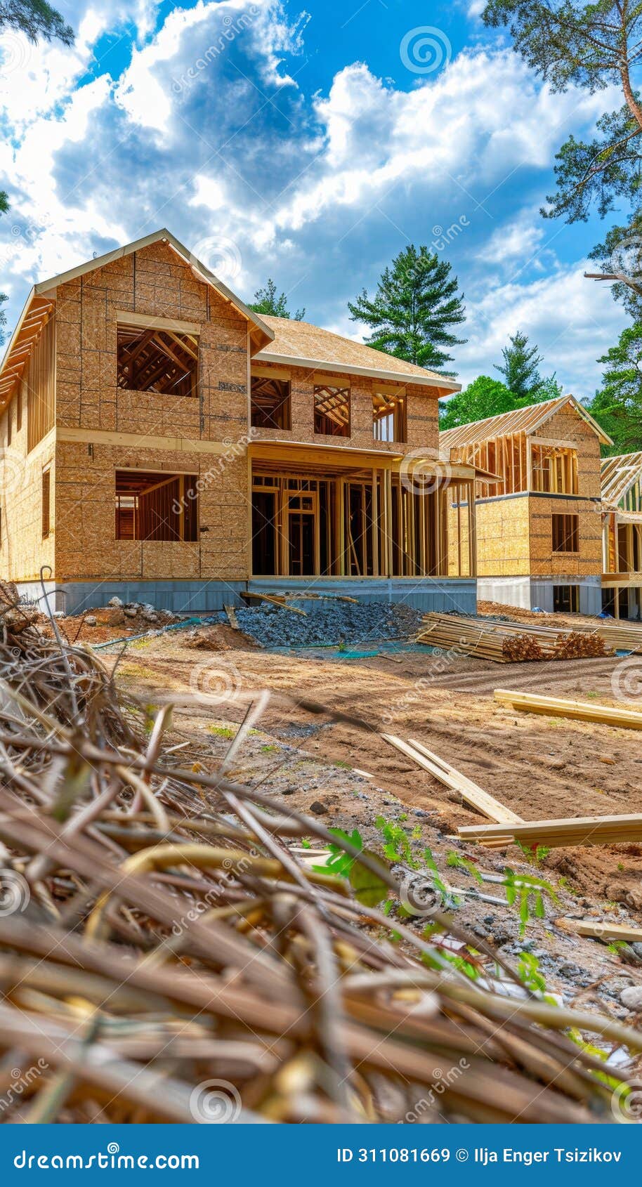 Residential Wood Frame Construction Home Framing Under Clear Blue Sky ...