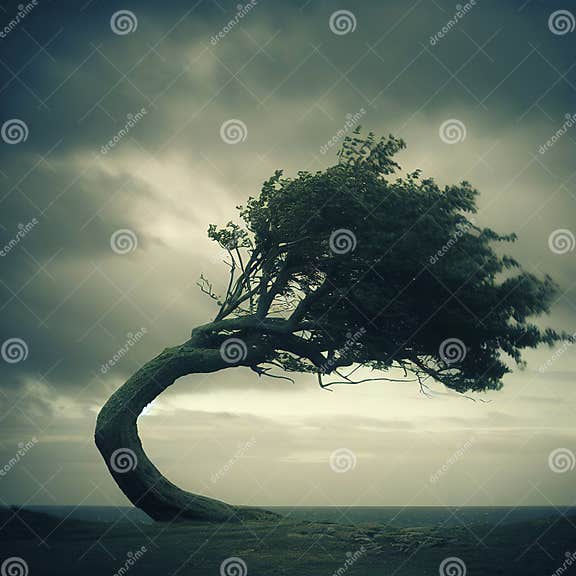 Resilient Lone Tree Bends in the Wind Stock Image - Image of curved ...
