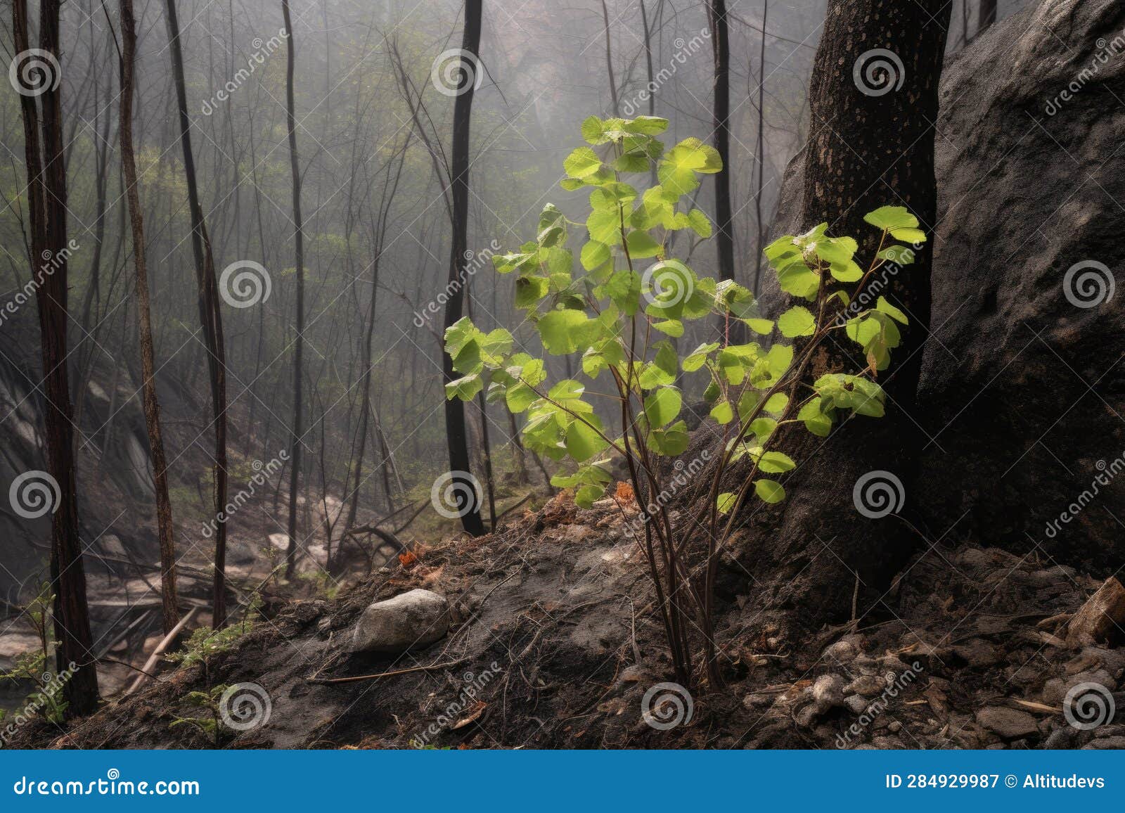 Resilient Tree Species with Fresh Leaves Post-fire Stock Image - Image ...