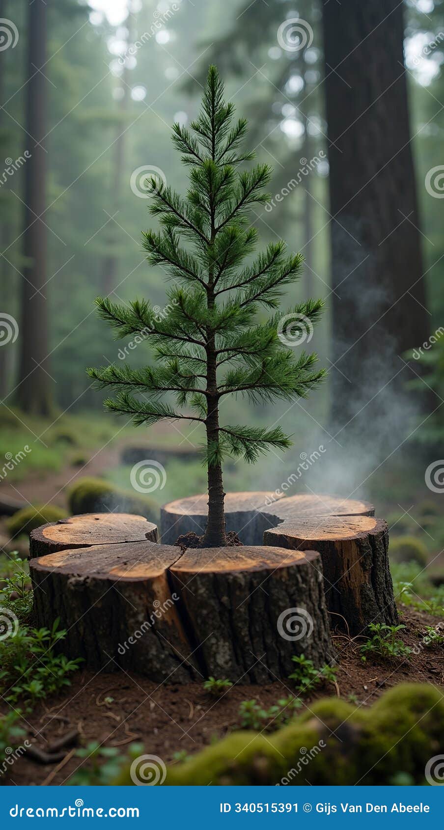 Resilient Young Pine Tree Growing from Split Tree Stump in Misty Forest ...