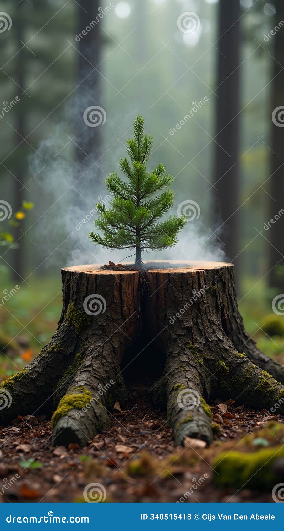Resilient Young Pine Tree Growing from Split Tree Stump in Misty Forest ...
