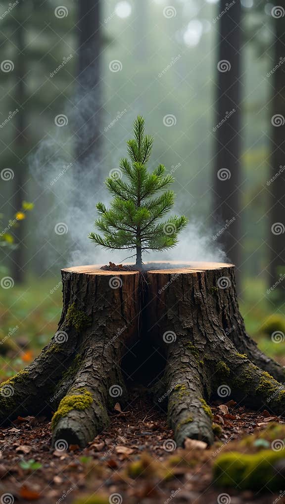 Resilient Young Pine Tree Growing from Split Tree Stump in Misty Forest ...
