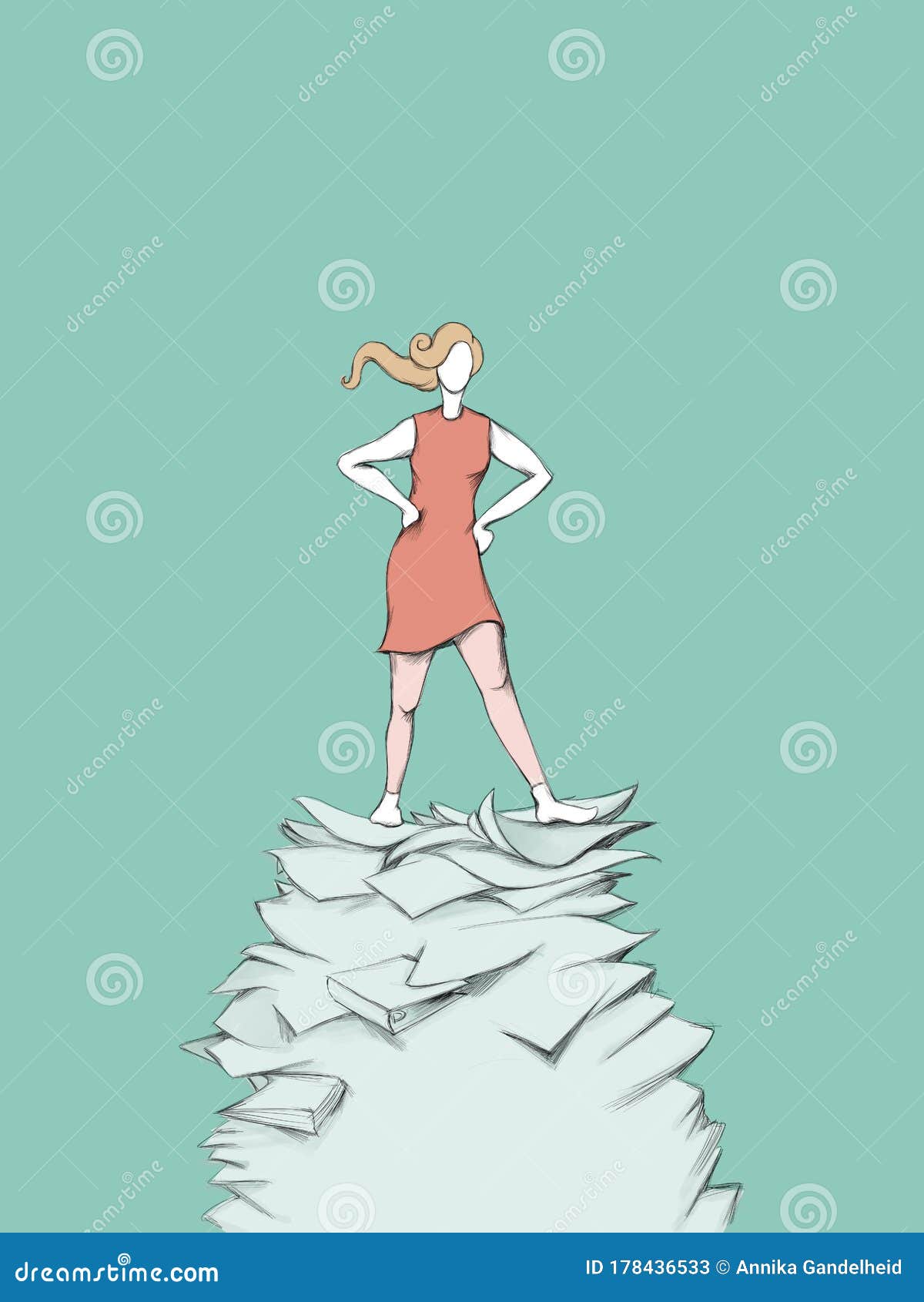 Resolute Woman is Standing on Stack of Paper Stock Illustration ...