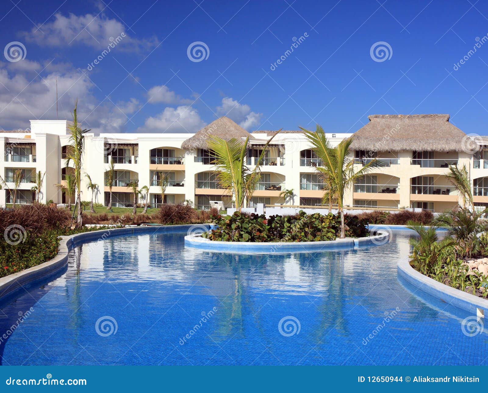 Resort with Building, Palms and Pool Stock Photo - Image of blue, palm ...
