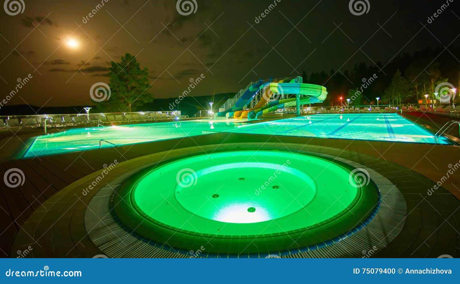 Resort pool at night stock photo. Image of rest, season - 75079400