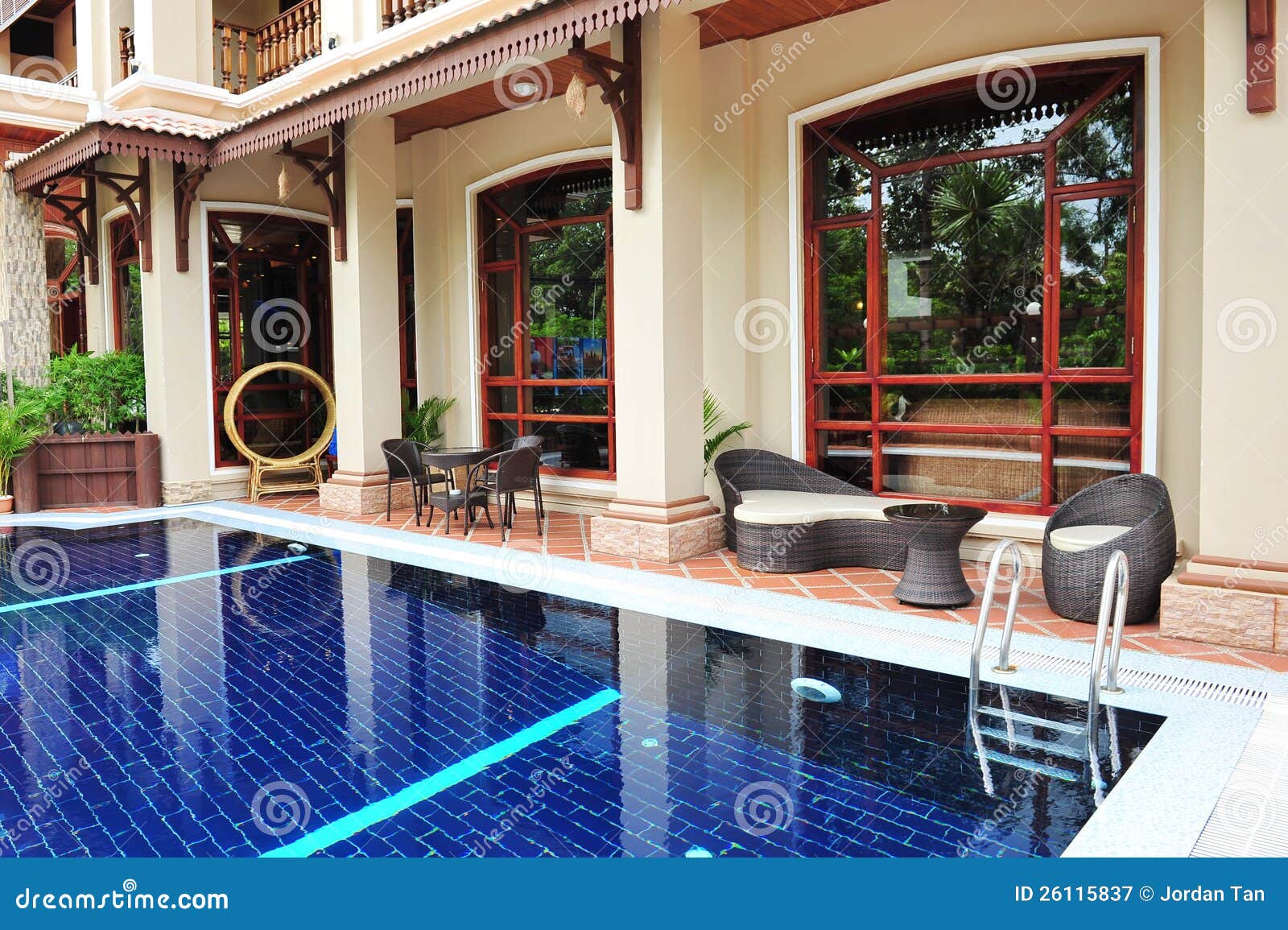 Resort Swimming Pool and Dining Area Stock Image - Image of area, chair ...