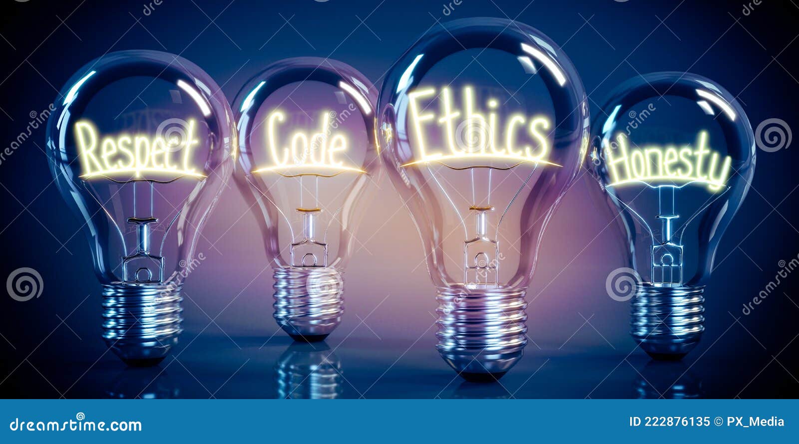 Respect, Code, Ethics, Honesty - Shining Four Light Bulbs - 3D ...