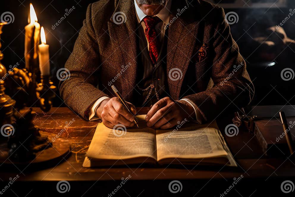 A Respectable Man in a Suit Writes in a Book by Candlelight Stock ...