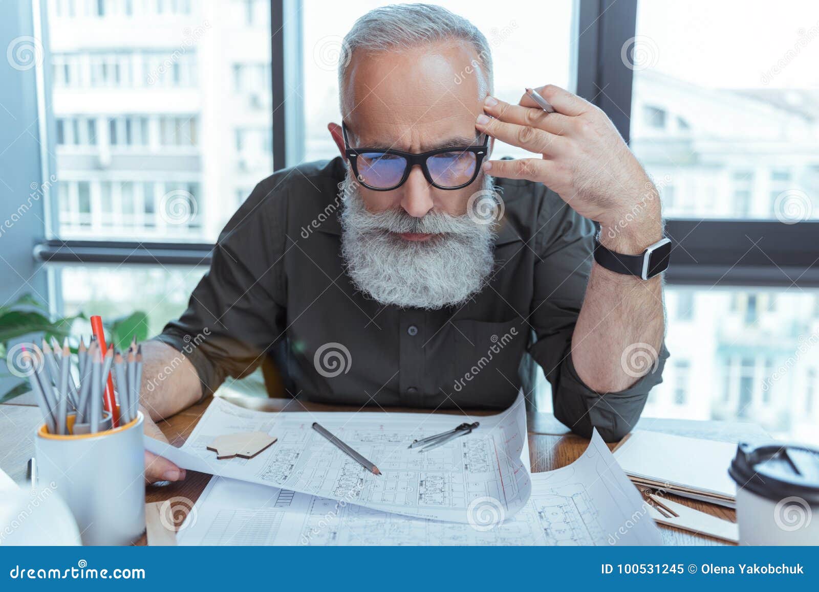 Old Bearded Engineer is Laboring in Office Stock Image - Image of ...