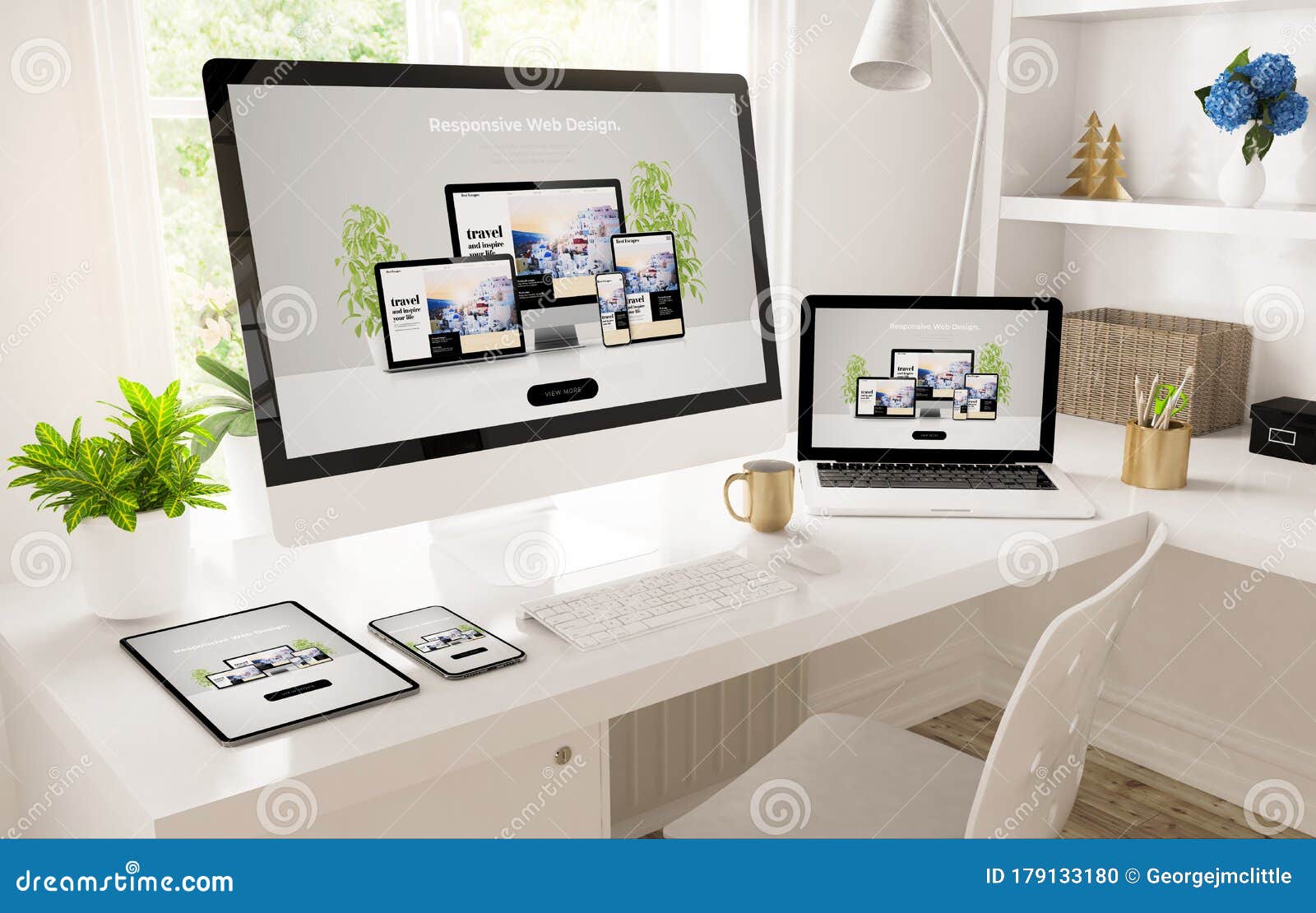Responsive Devices on Home Office Setup Stock Illustration ...