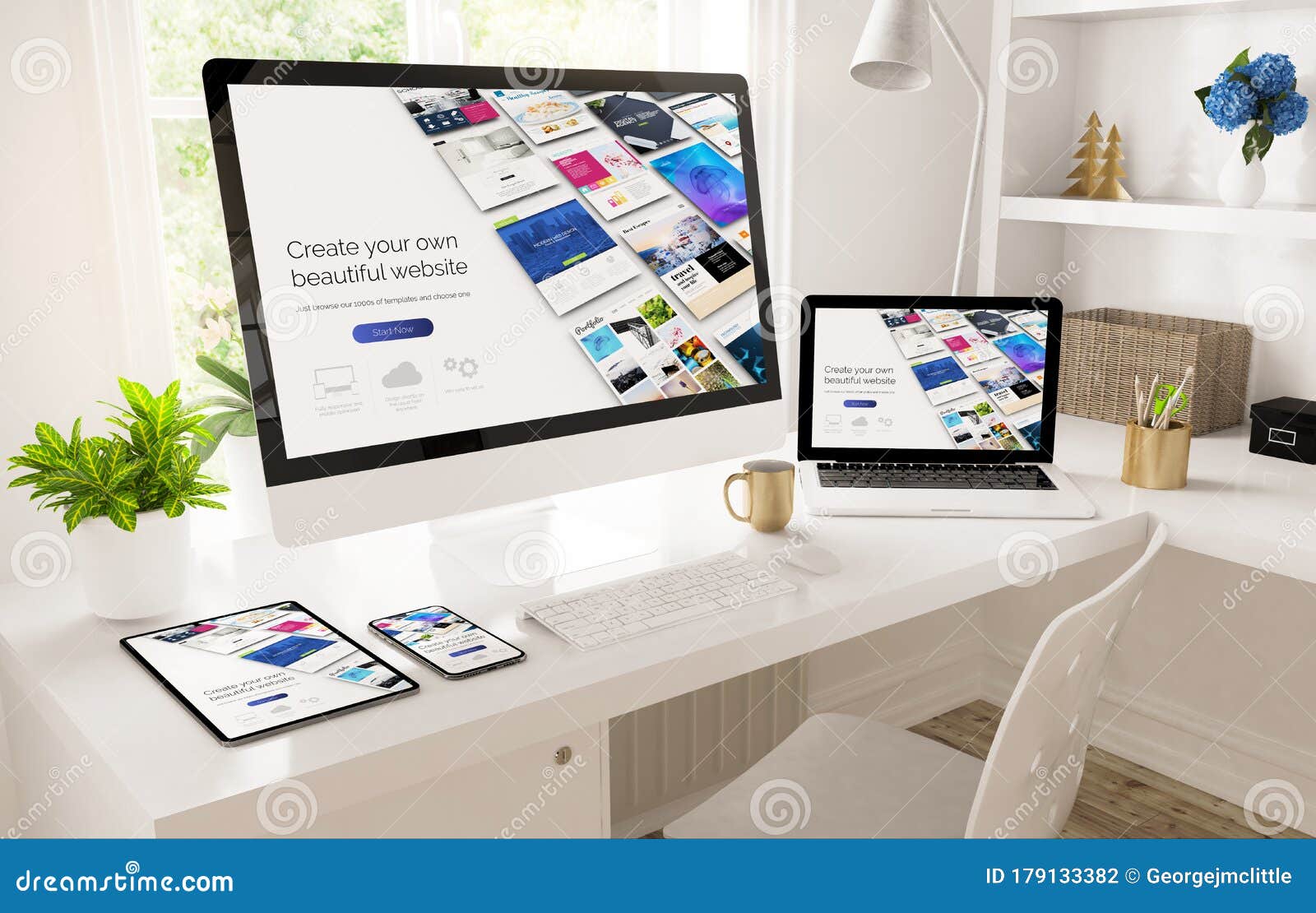 Responsive Devices on Home Office Setup Showing Website Builder Stock ...