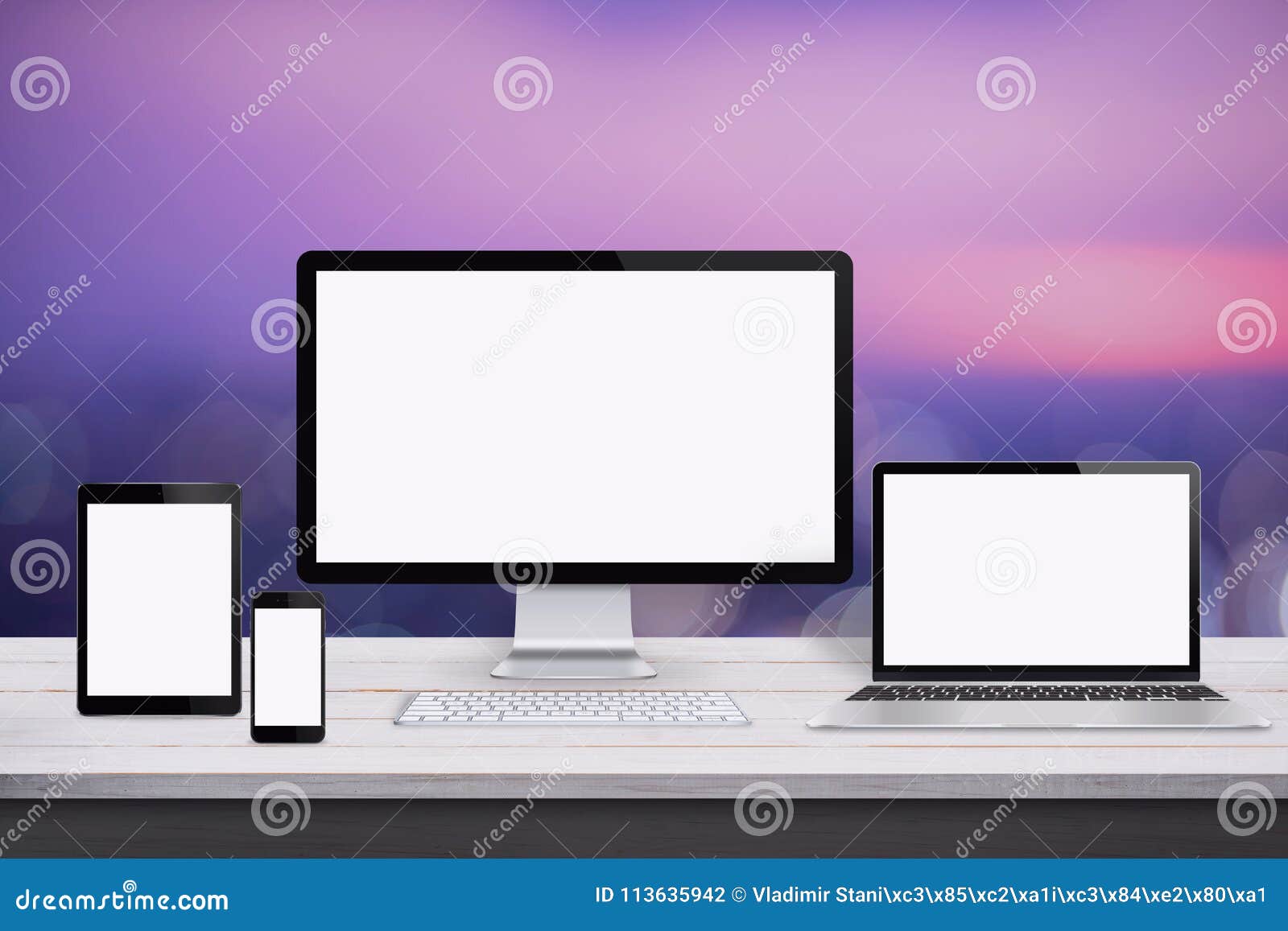 Responsive Web Design Mockup. Devices with Screen on White Wooden Desk ...