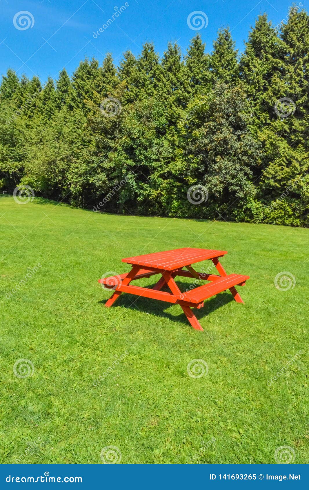 Rest Area with Red Picnic Table on Green Lawn in a Park. Stock Image ...
