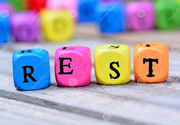 Rest word on table stock photo. Image of message, alphabet - 82585540