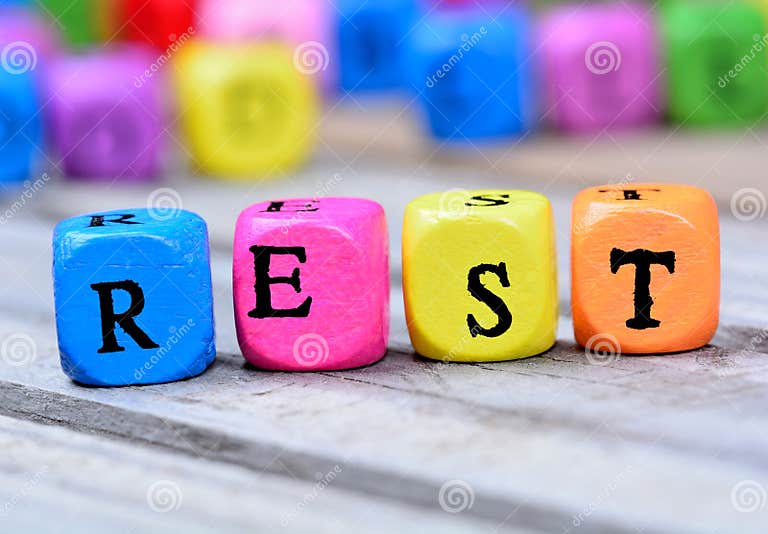 Rest word on table stock photo. Image of message, alphabet - 82585540
