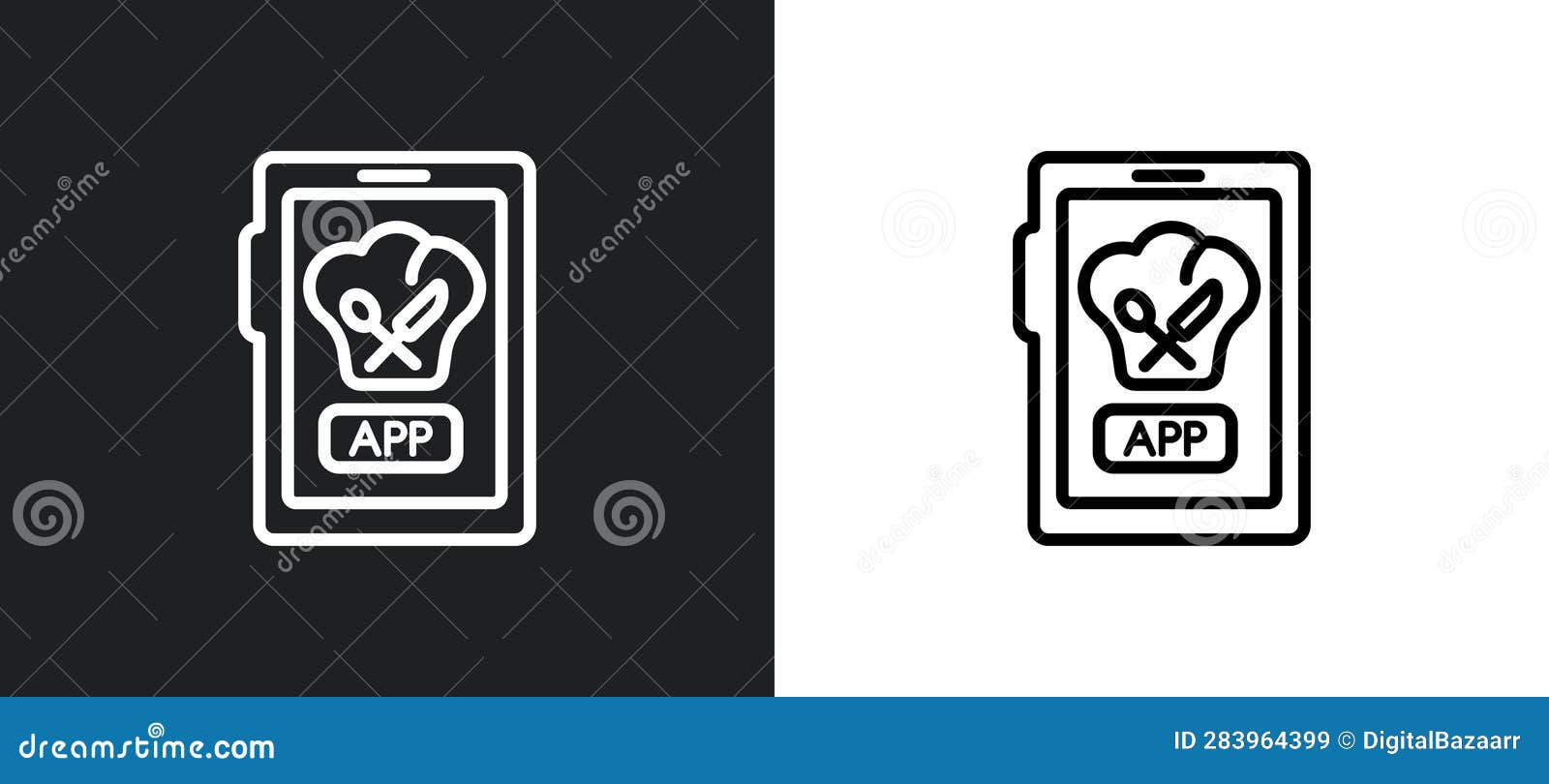 Restaurant App Outline Icon in White and Black Colors. Restaurant App ...
