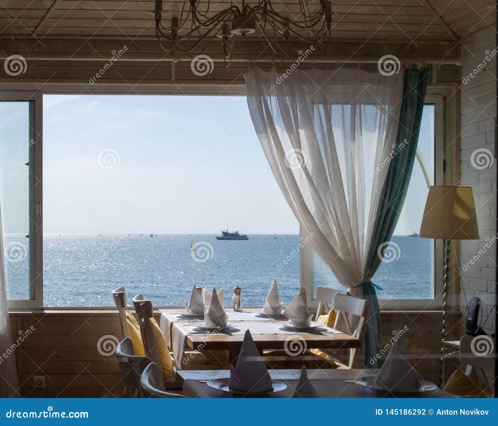 Restaurant with Awesome View from Open Window on the Sea Stock Photo ...