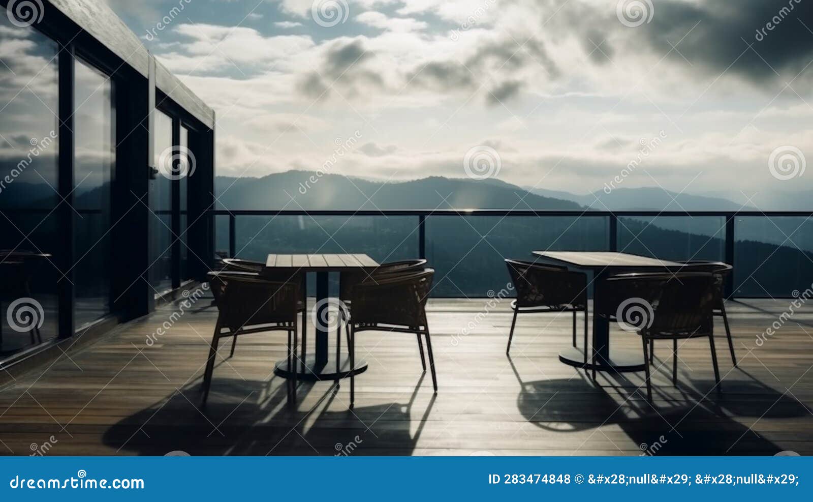 Restaurant Balcony Corner Mountain View Thick Foggy Clouds. Generative ...