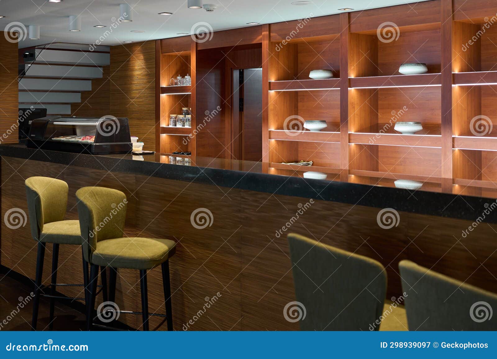 Restaurant Bar Counter with Bar Chairs Stock Image - Image of festive ...