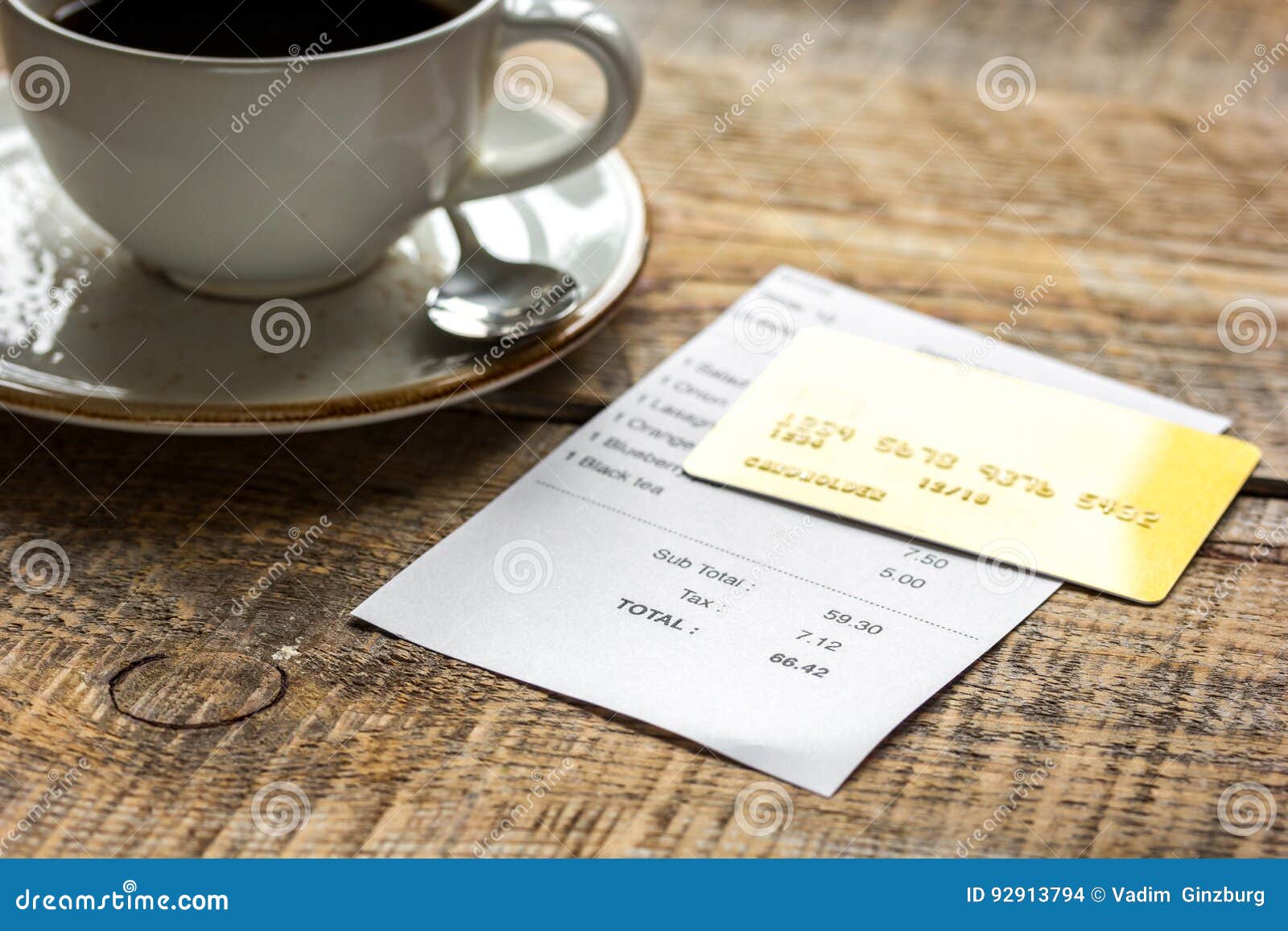Restaurant Bill, Card and Coffee on Wooden Table Background Stock Photo ...