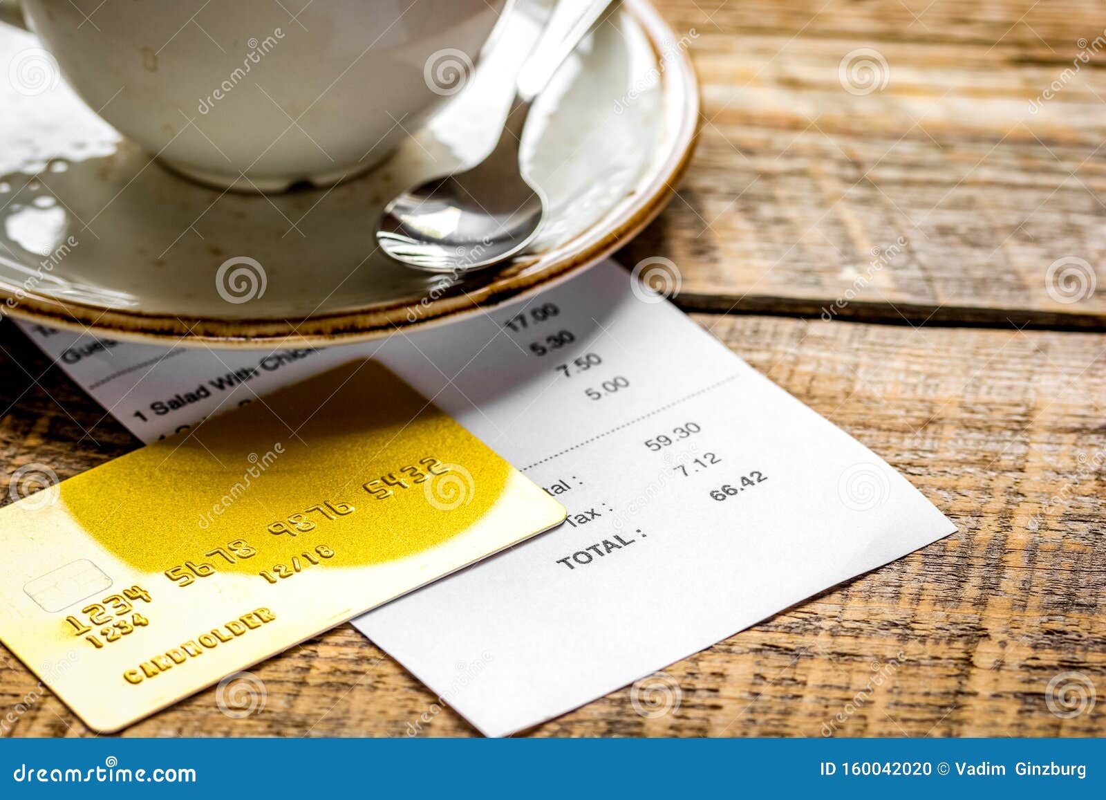 Restaurant Bill, Card and Coffee on Wooden Table Background Stock Photo ...