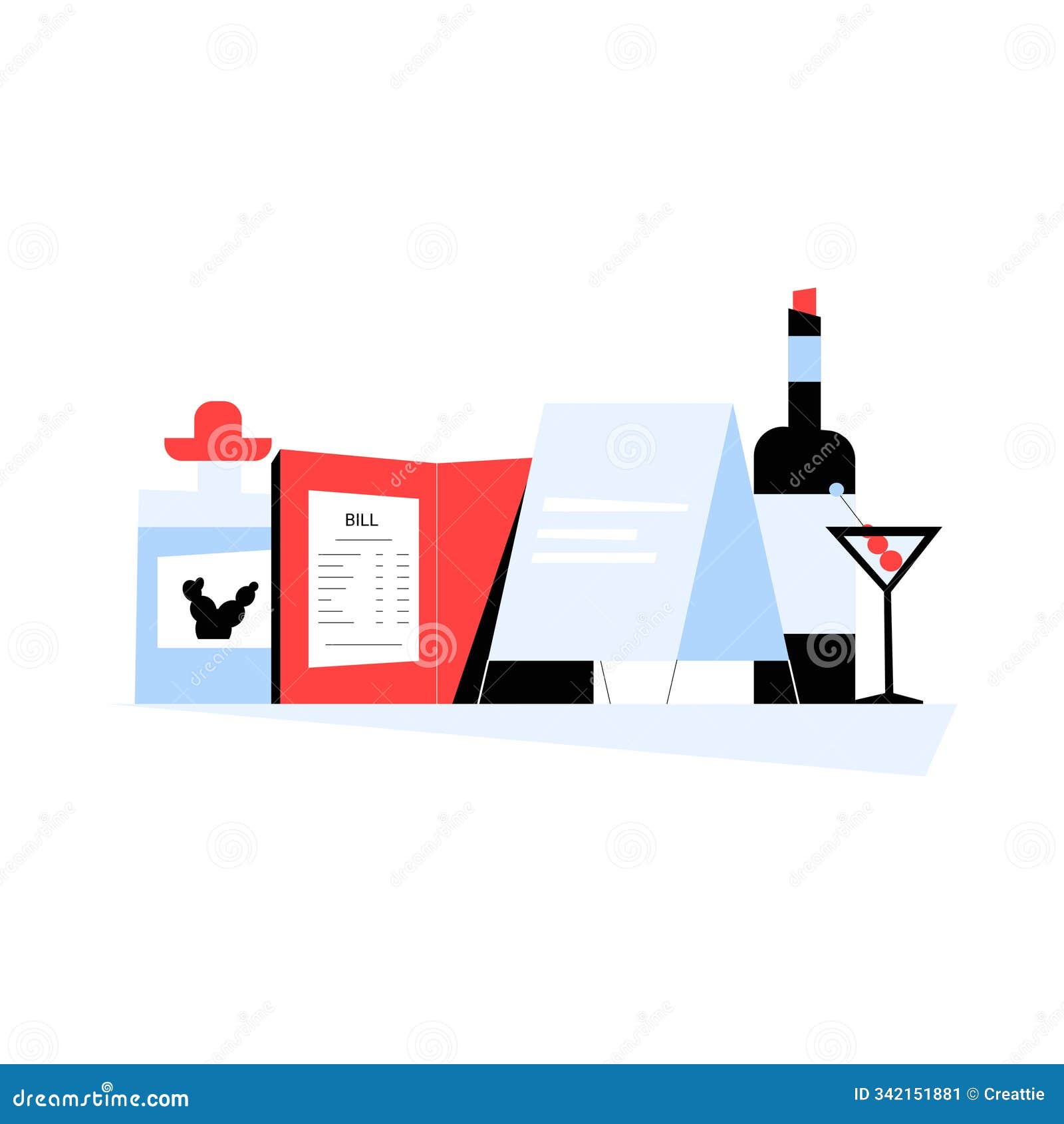 Restaurant Bill with Drinks and Menu in Flat Vector Illustration ...