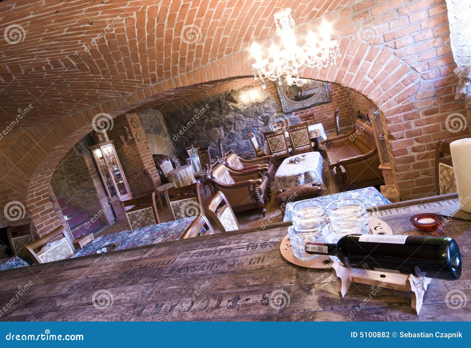 Restaurant in Brick Basement Stock Photo - Image of candle, antiques ...