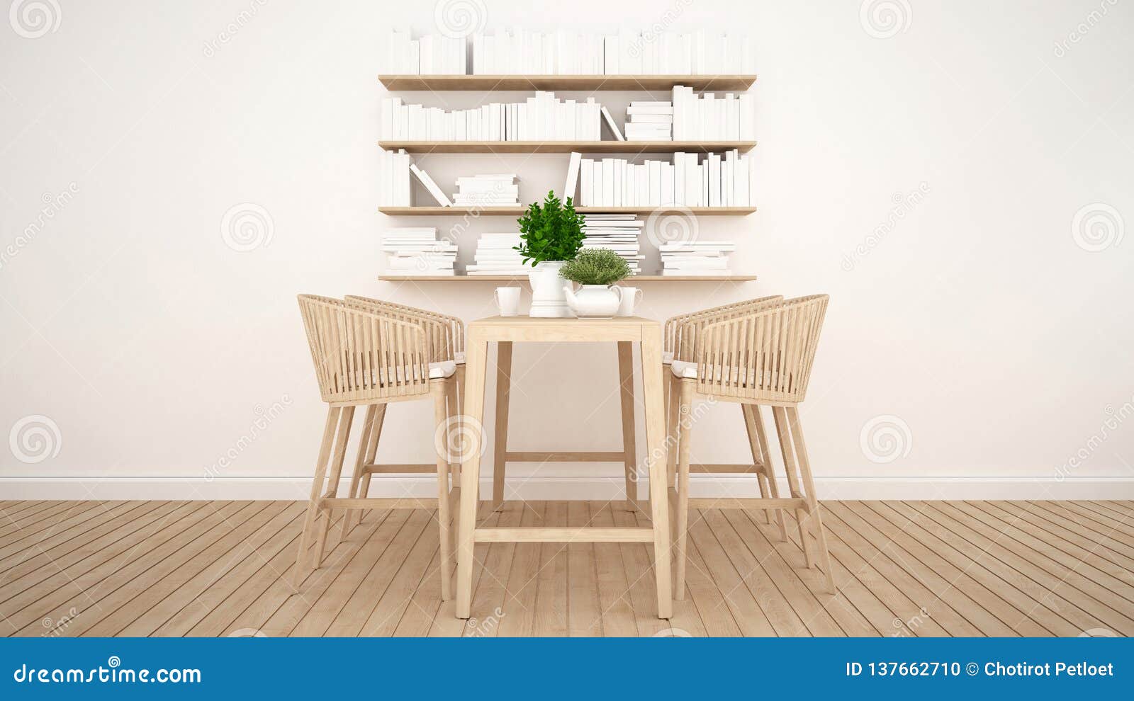 Restaurant or Cafe and Library Area - 3D Rendering Stock Illustration ...