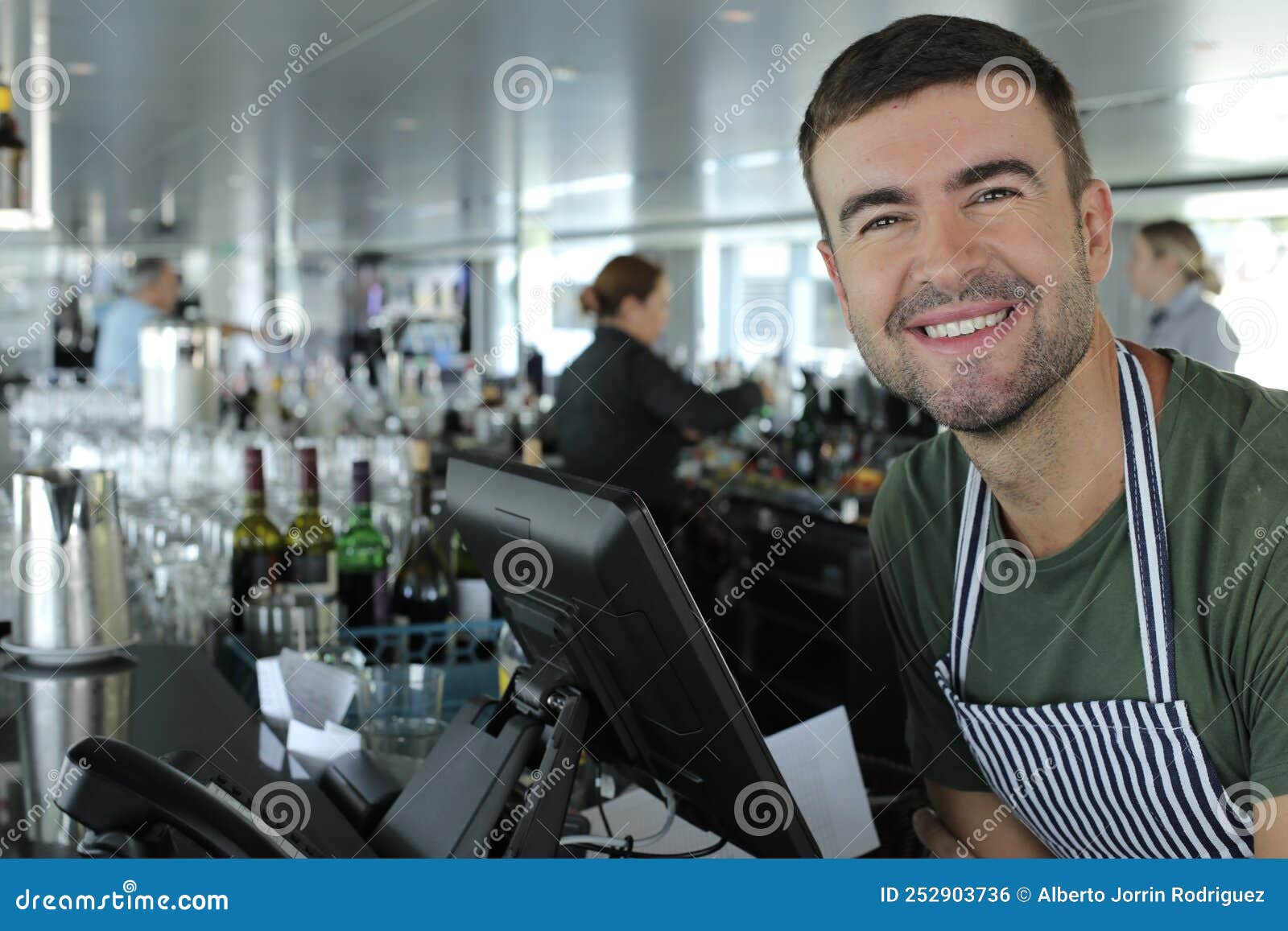 Restaurant Cashier in Front of Computer Stock Photo - Image of ...