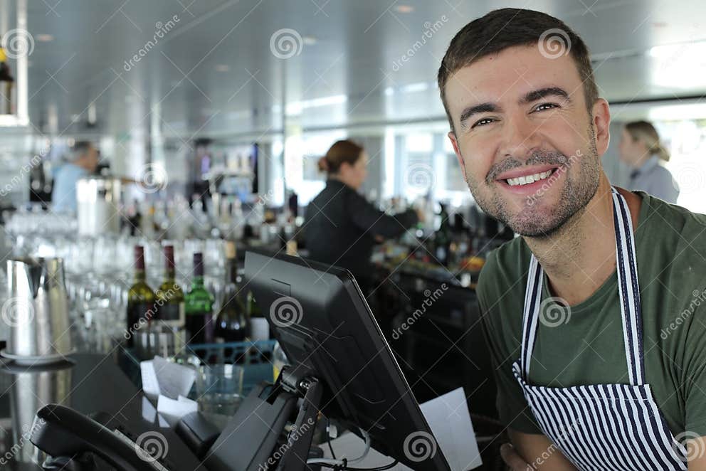 Restaurant Cashier in Front of Computer Stock Photo - Image of ...