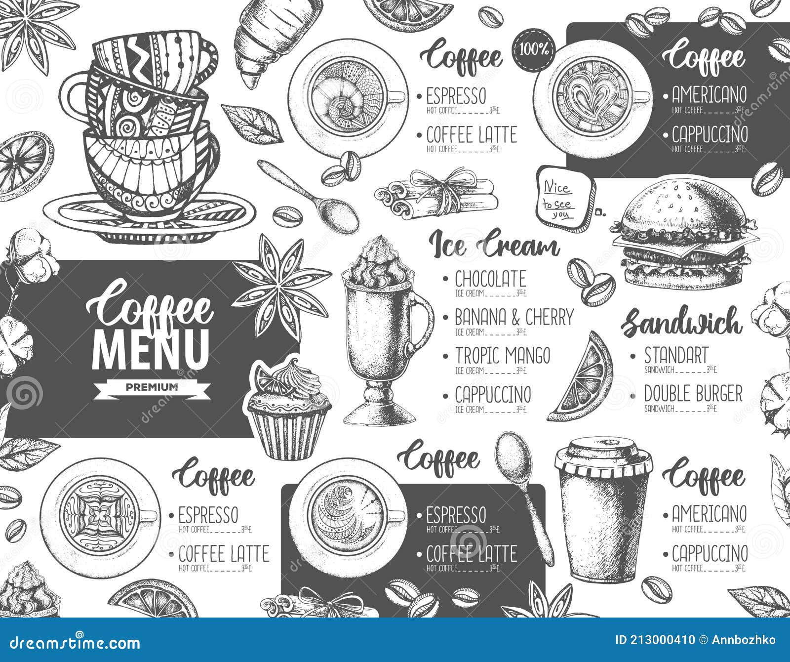 Restaurant Coffee Menu Design. Decorative Sketch of Cup of Coffee or ...