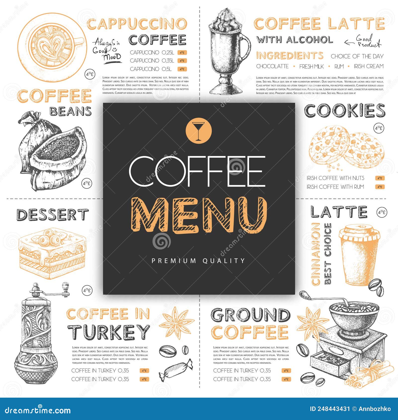 Restaurant Coffee Menu Design with Hand Drawing Coffee Elements. Stock ...