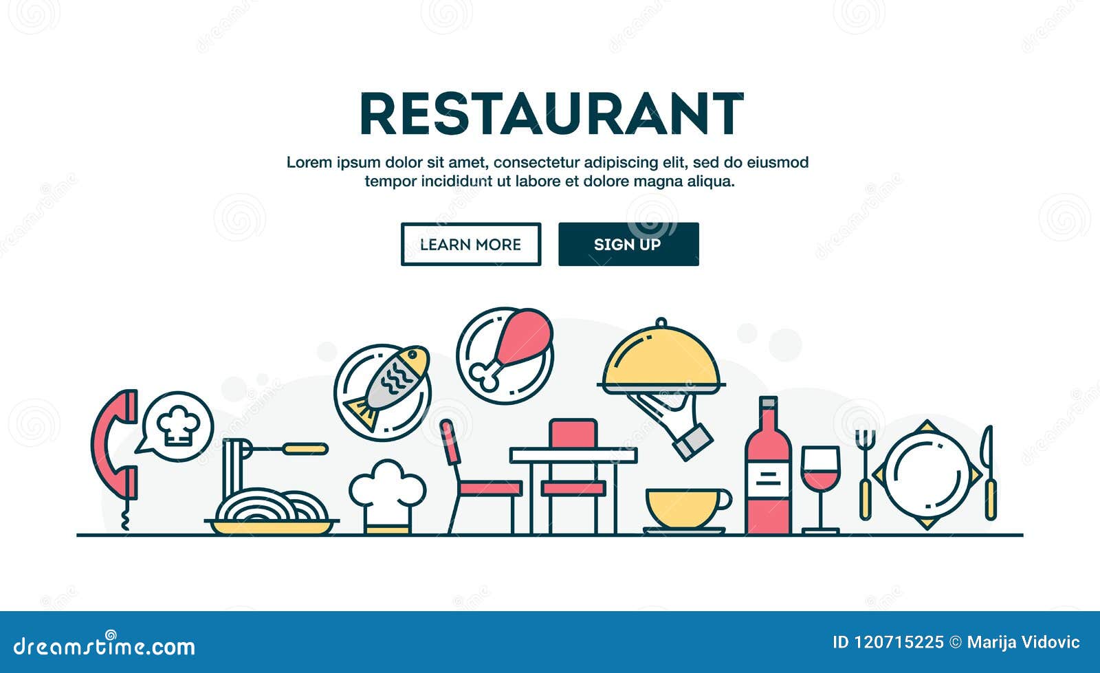 Restaurant, Colorful Concept Header, Flat Design Thin Line Style Stock ...
