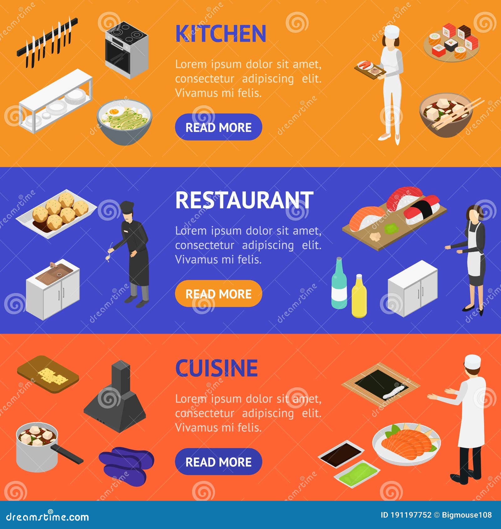Restaurant Cooking Concept Banner Horizontal Set 3d Isometric View ...