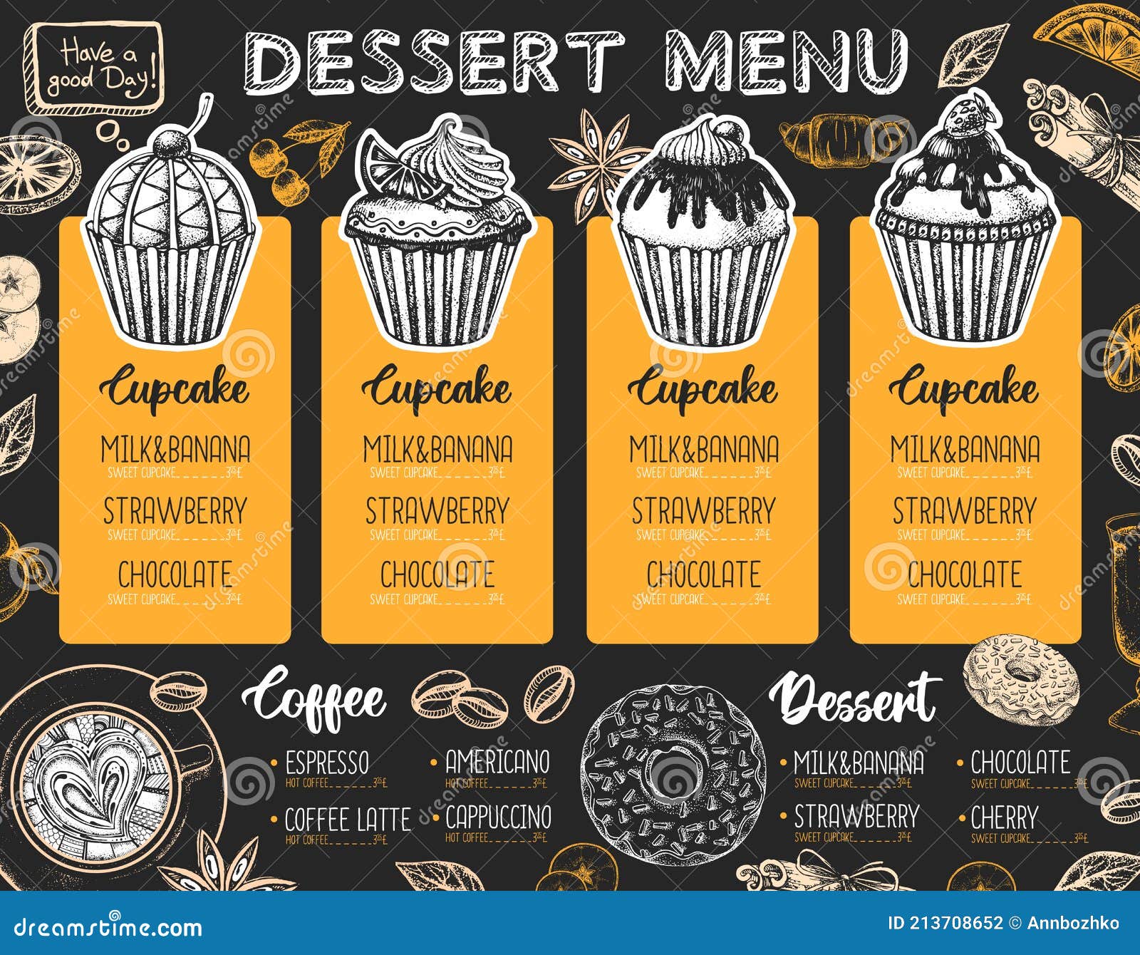 Restaurant Dessert Menu Design. Decorative Sketch of Cupcakes and ...