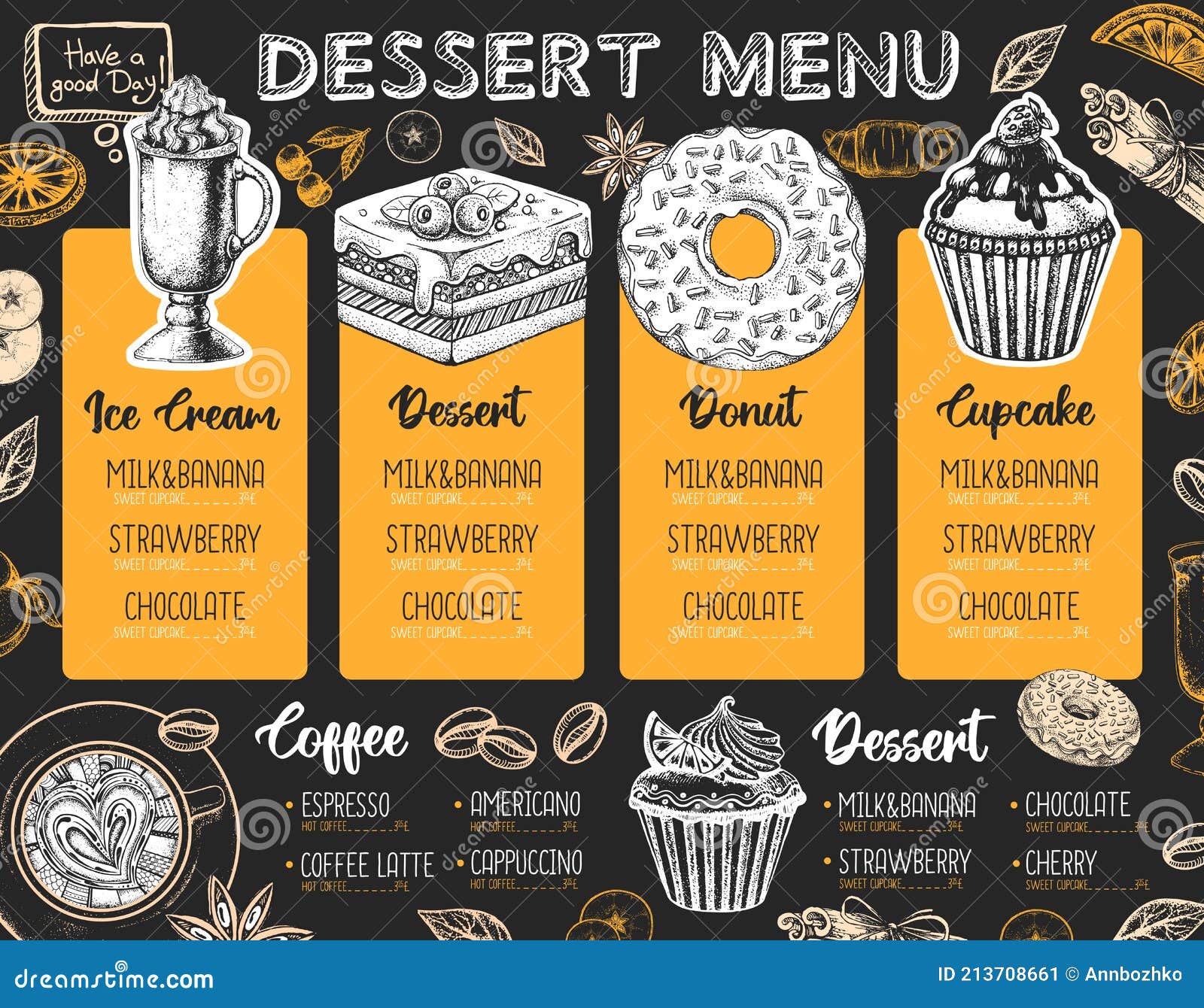 Restaurant Dessert Menu Design. Decorative Sketch of Cupcakes and ...