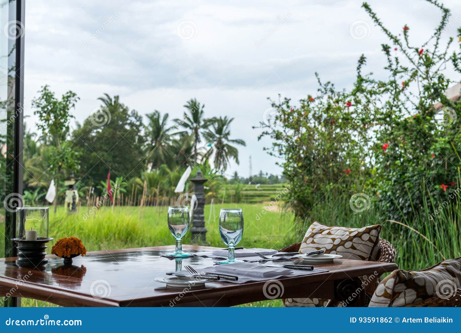 Restaurant Facing the Rice Fields in Bali, Indonesia. Traditional ...