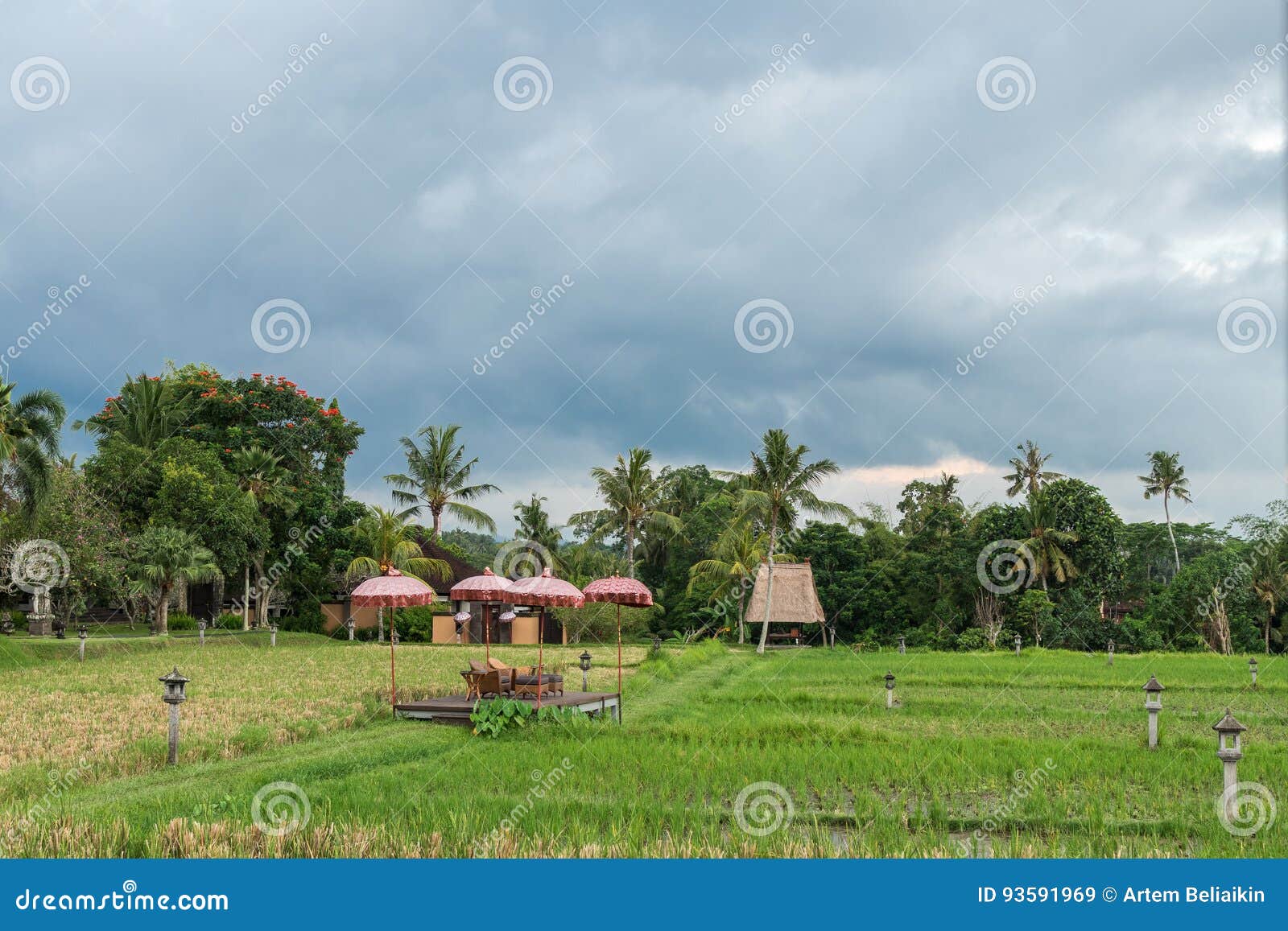 Restaurant Facing the Rice Fields in Bali, Indonesia. Traditional ...