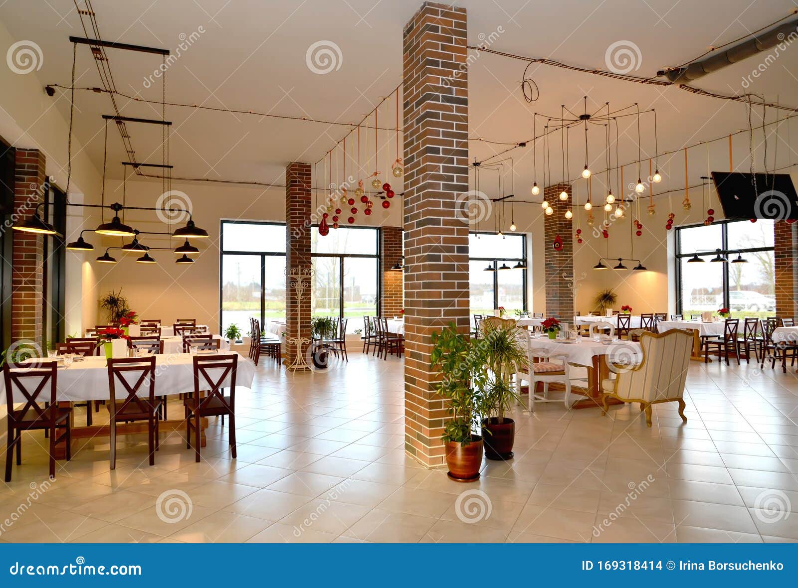 Restaurant Hall with Large Windows Stock Photo - Image of plant, modern ...
