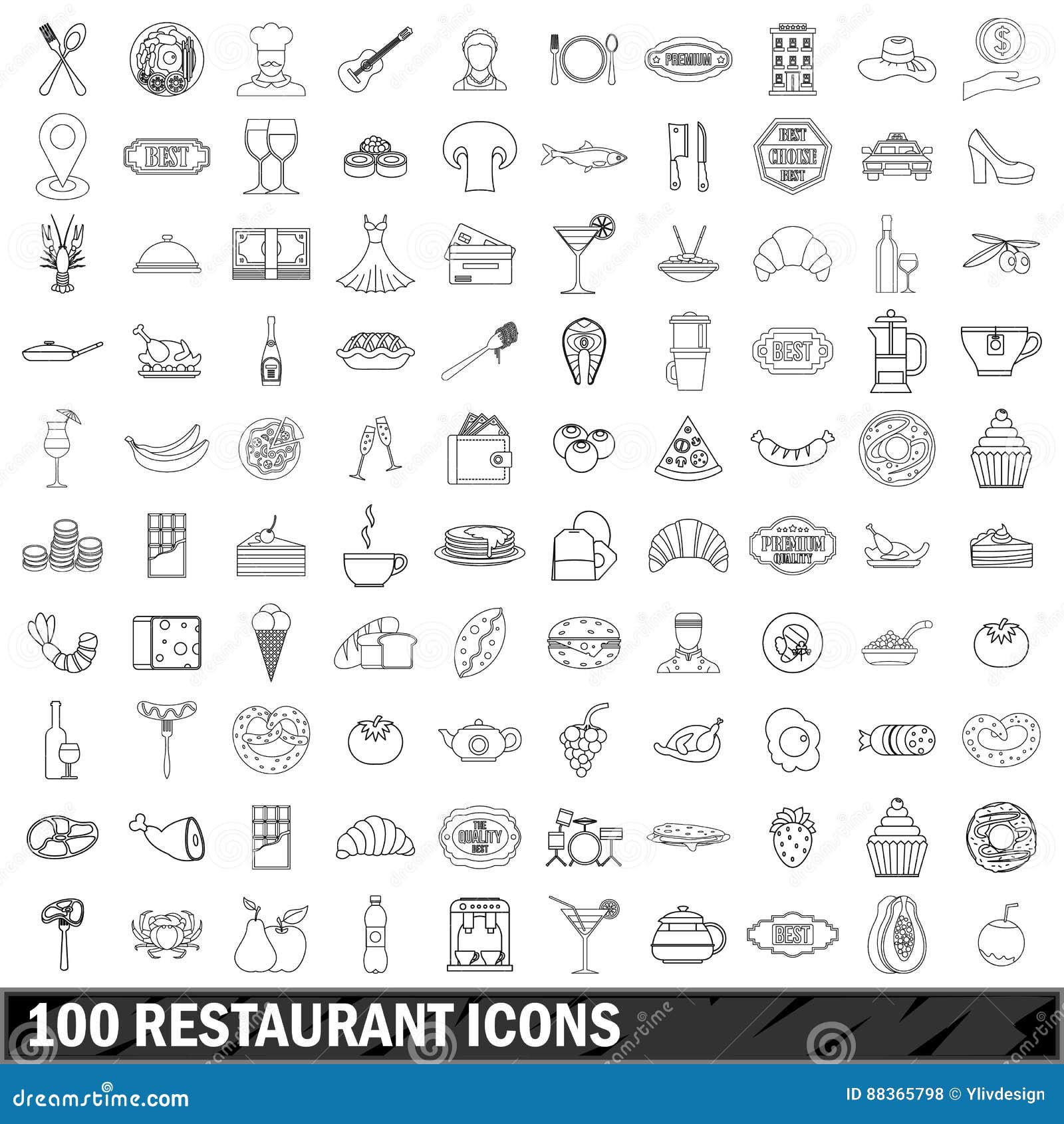100 Restaurant Icons Set, Outline Style Stock Vector - Illustration of ...